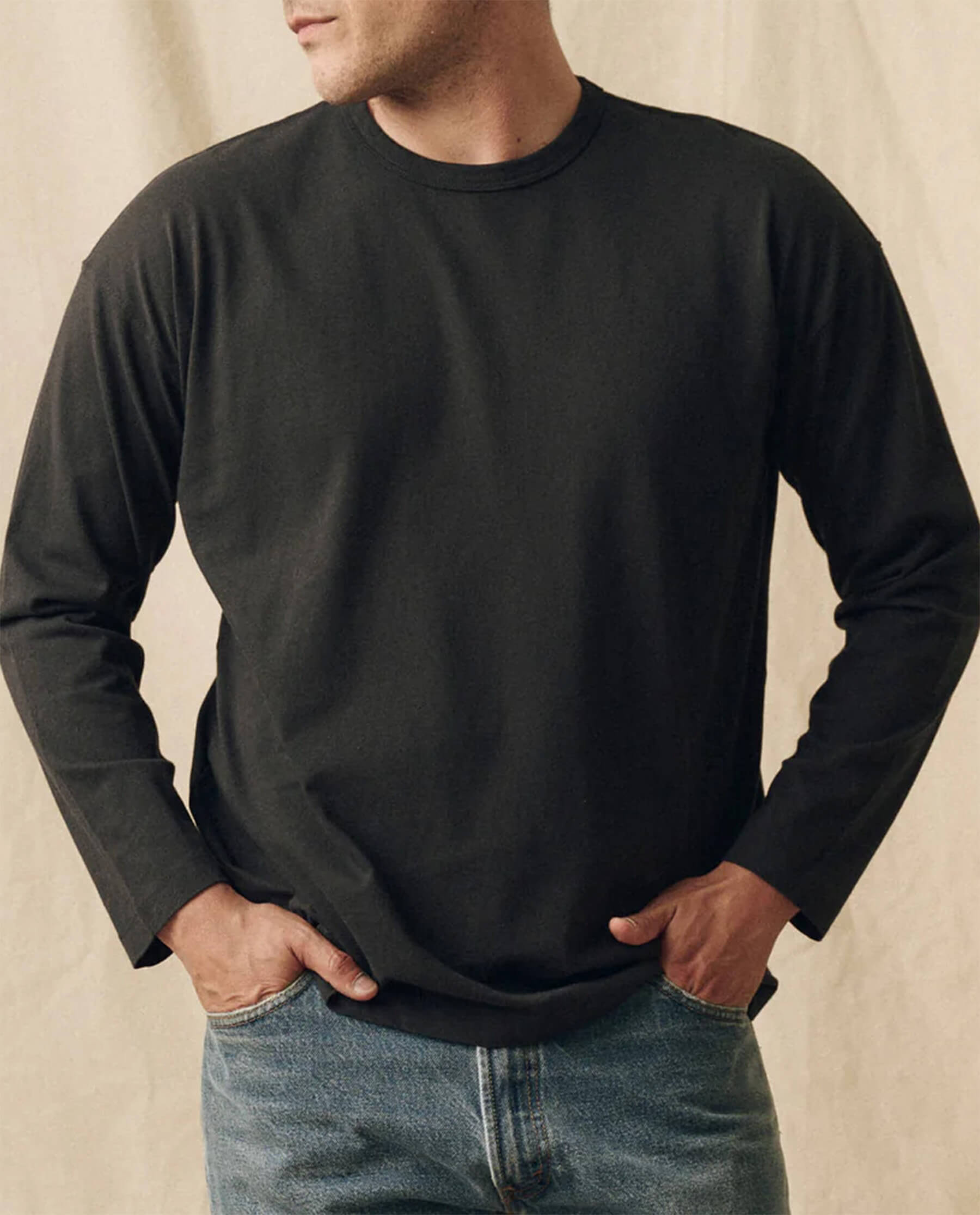 The Men's Pure Knits Long Sleeve Boxy Crew. Solid -- Almost Black – The ...